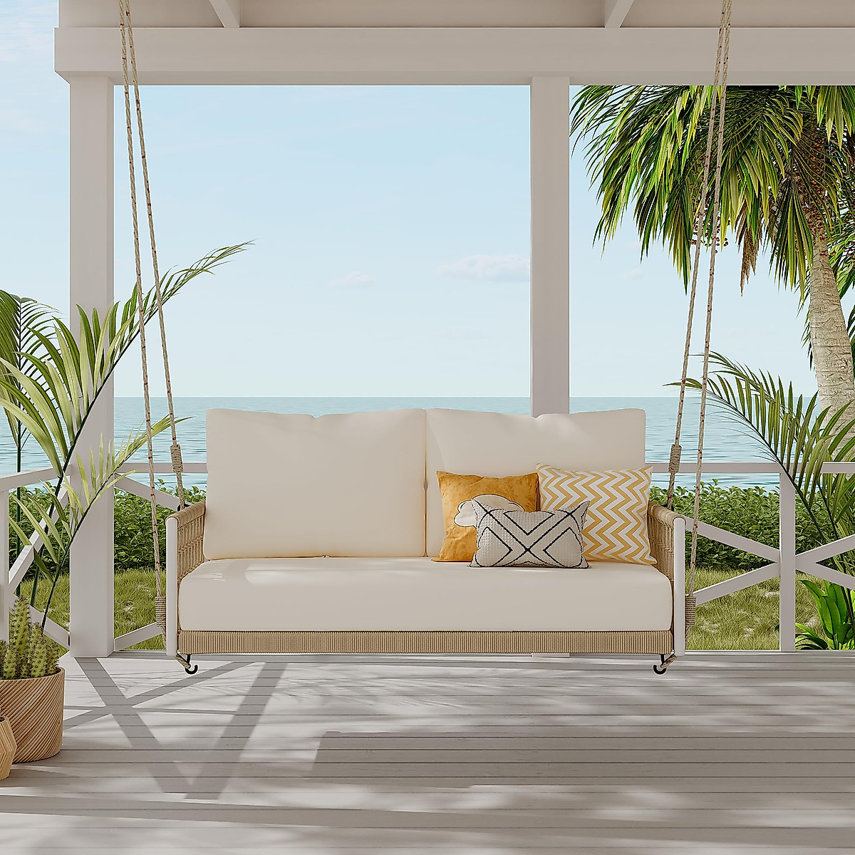 Quarte 1-Piece Woven Rope Outdoor Swing Sofa, 2-Person Porch Swing Bench with Soft Cushions, Patio Furniture for Garden, Backyard, Poolside (Beige/Rope)