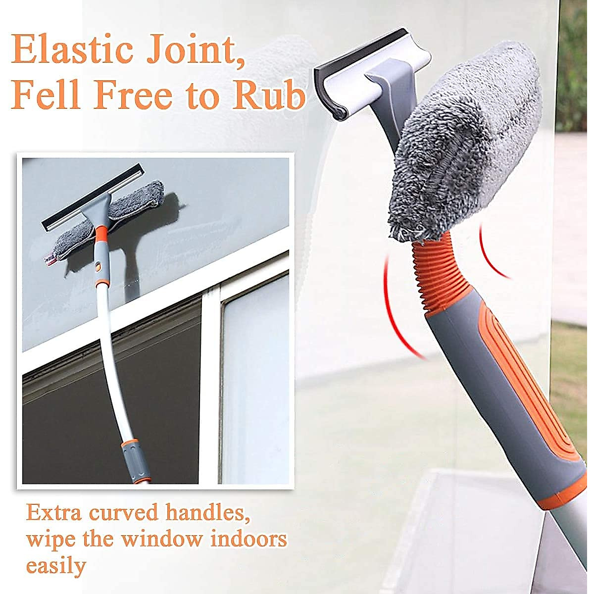 Baban Window Squeegee Cleaner, 2 in 1 Window Cleaning Tool with Elbow and Straight Extension Pole, 61'' Telescopic Window Washing Equipment with Bendable Head for Car Glass Indoor Outdoor High Windows