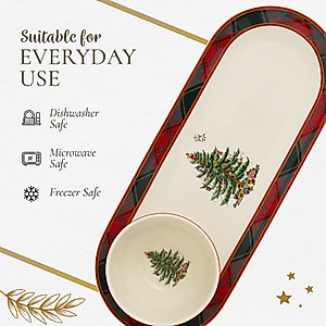 Spode Christmas Tree Collection| Tartan 2 Piece Chip and Dip| Measures 13-Inches| Made of Fine Earthenware| For Sauces and Appetizers| Dishwasher, Microwave, and Freezer Safe