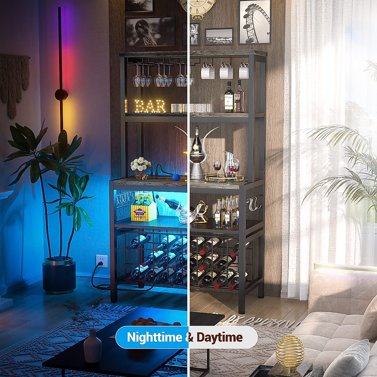 Unikito Wine Bar Cabinet with RGB LED Light and Outlet, FreeStanding Wine Rack Table, Floor Liquor Cabinet with Glass Holder, Floor Bar Cabinet with Wine Rack for Home Kitchen Dining Room, Black Oak