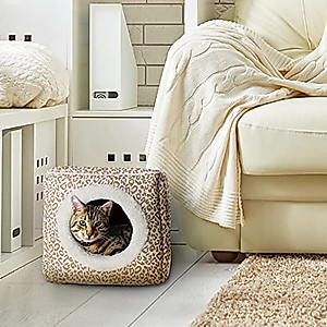 Cat Pet Bed Cave- Indoor Enclosed Covered Cavern/House for Cats Kittens and Small Pets with Removable Cushion Pad by PETMAKER, Tan/White Animal Print