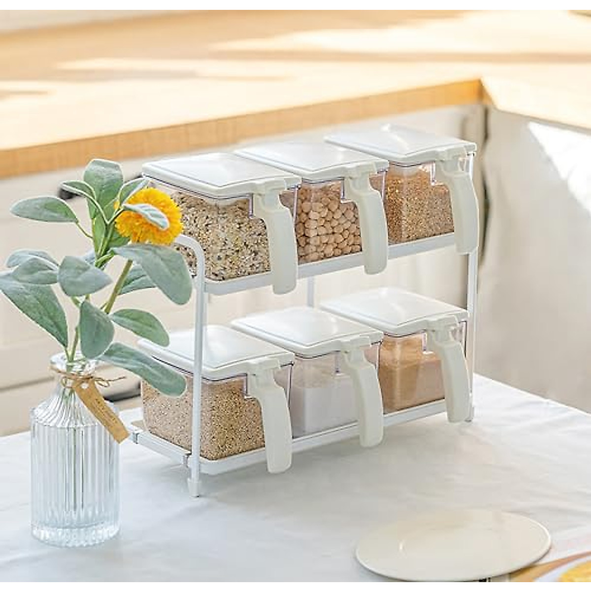 carrotez 2 Pack Airtight Spice Containers with Labels and Spoons, Food Storage Containers for Herbs, Coffee, Seasoning Organization, BPA free - White