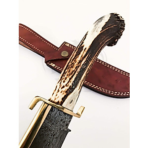 NoonKnives: 15.5" Hand Made Damascus Steel Collectible TEXAS Bowie Knife Handle Brass clip with stag horn