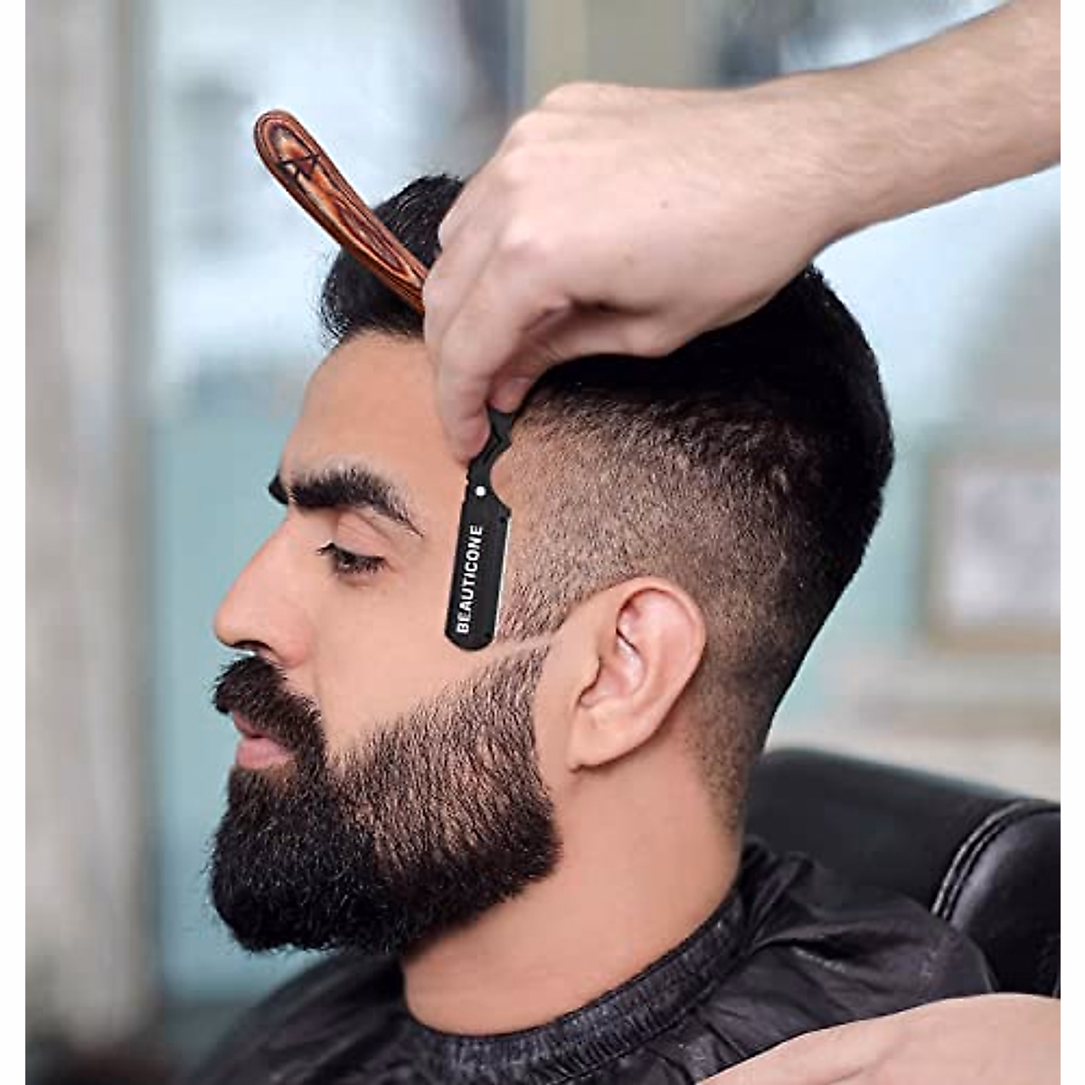 BEAUTICONE Straight Razor for Men, Professional Brown Wooden Razor with Black Blade Barber Razor with 100 Single Edge Blades, Straight Edge Single Blade Razors