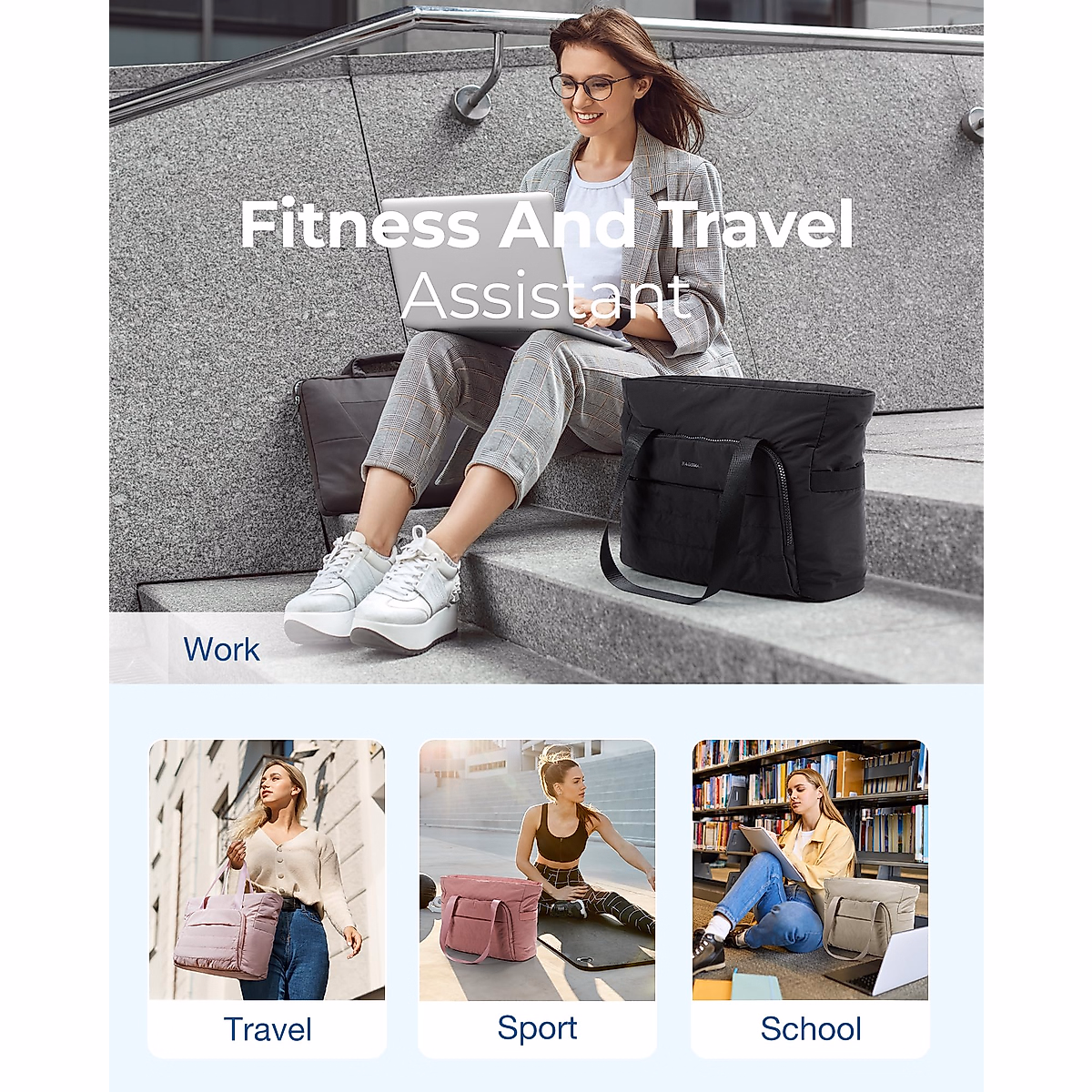 BAGSMART Quilted Tote Bag with Compartments and Yoga Mat Strap, Lightweight Large Shoulder Bag for Travel Work Gym