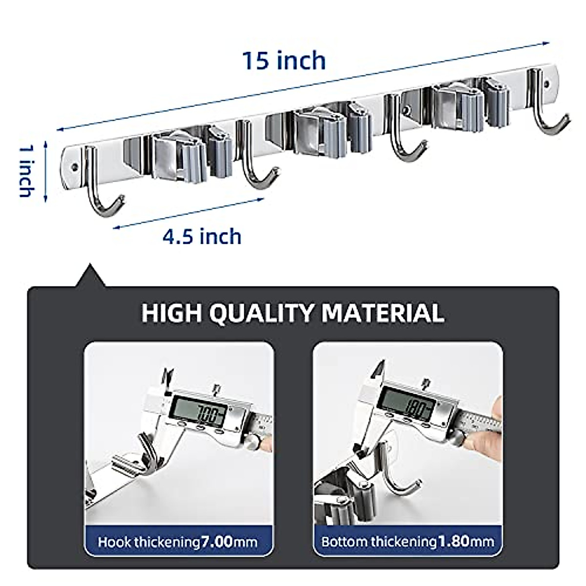 JIAJI Broom Mop Holder Wall Mount Stainless Steel Tool Hanger, Havey Duty Hanger Mounted, Storage Durable Organizer for Home Laundry Kitchen Garage Garden Utility Tools (3 Racks 4Hooks), JAR-21R4H01