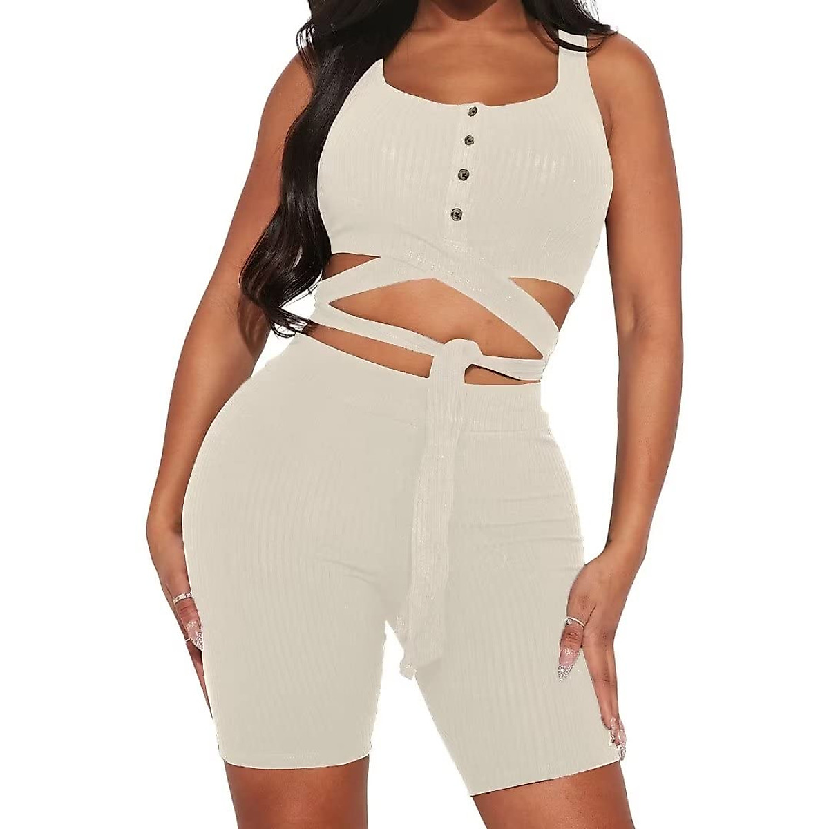 Kafiloe Workout Set for Women Seamless 2 Piece Gym Yoga Set Sleeveless Tank Crop Top High Waist Ribbed Biker Shorts Set Beige XL