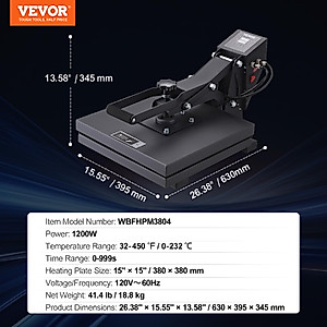 VEVOR Heat Press, 15x15 Power Heat Press Machine for T-Shirts, Fast Heating, High Pressure Digital Industrial Sublimation Printer for Heat Transfer Vinyl, Dark Black