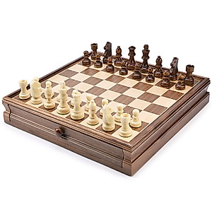 AMEROUS 15" x 15" Wooden Chess & Checkers Set with Built-in Storage Drawers/Weighted Chess Pieces / 2 Bonus Extra Queens / 24 Cherkers Pieces/Classic 2in1 Board Games for Kids, Adults