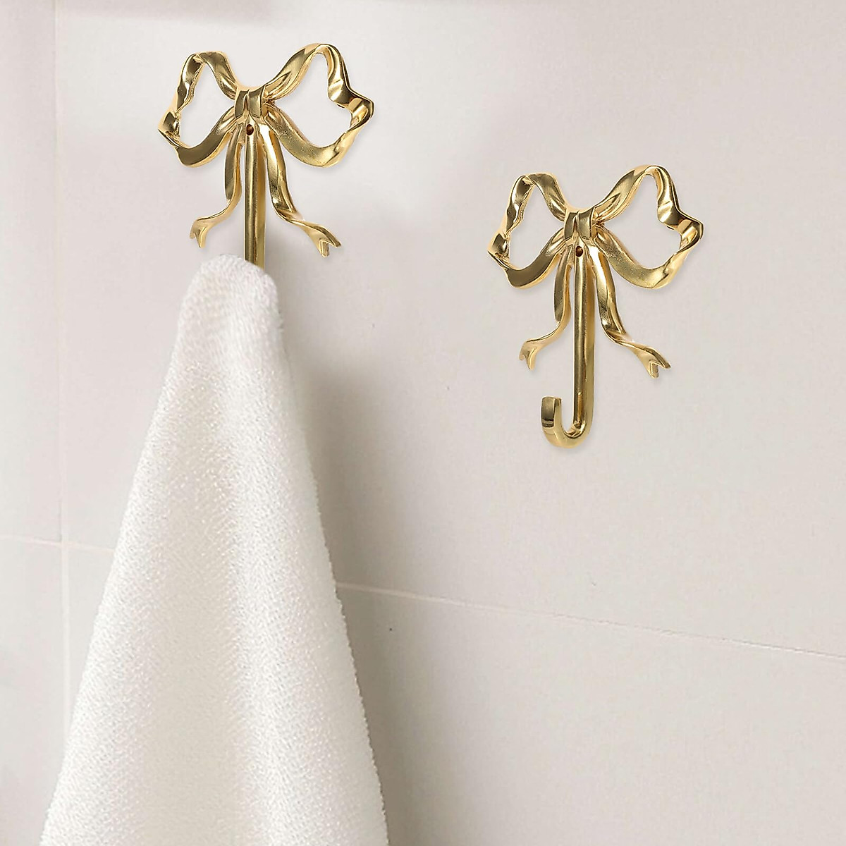 LOGOFUN 2pcs Bow Hook Bowknot Hook Bow Hooks for Wall Bowknot Brass Hook Gold Wall Hook for Hanging Coat Hat Towel - Large (3.62X3.54X0.79in)