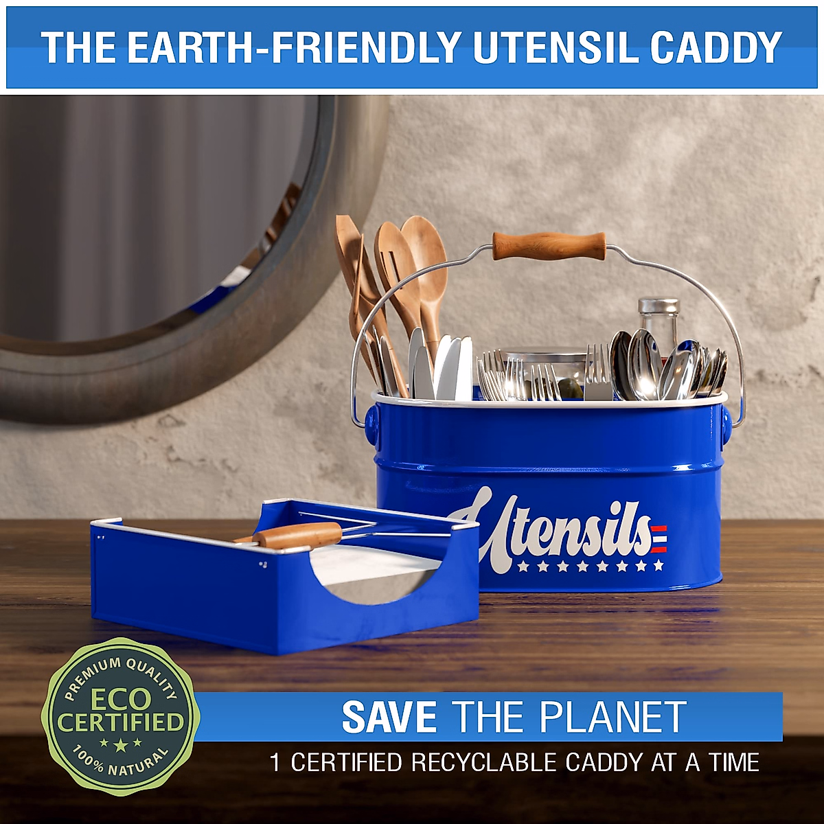 NOOK & FORK Farmhouse Utensil Caddy – Silverware & Flatware Holder/Organizer for Countertop & Parties with Matching Napkin Carrier Stars & Stripes