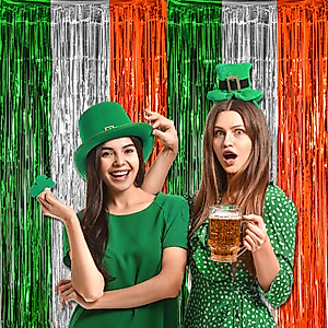 LOLStar 3 Pack St. Patrick's Day Foil Fringe Curtains St Patricks Day Party Decoration 3.3x6.6 ft Green White Orange Tinsel Fringe Curtain Photo Booth Prop Streamer Backdrop for Irish Party Decoration