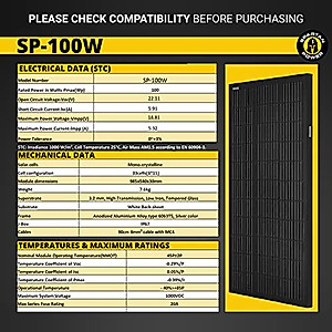 Spartan Power 100 Watt Solar Panel 9 Bus Bar Black Mono Great for RV, Trailer, Camper, Boat, Cabin, Farm, SP-100W