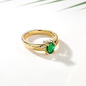Gem Stone King 0.60 Ct Oval Green Simulated Emerald 18K Yellow Gold Plated Silver Baroque Style Ring (Size 7)