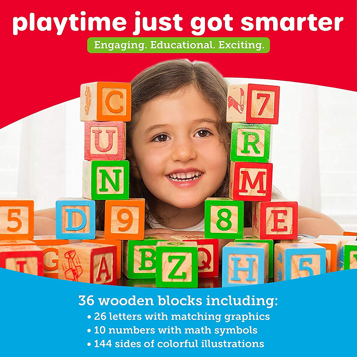 Oaktown Supply Wooden Blocks, 36 Large Stacking and Building Blocks for Toddlers 1-3 Years Old, Colorful Alphabet & Number Icons on Every Side, Educational Toddler Toys