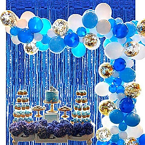 TJOUL Blue Birthday Party Decorations with Gold Happy Birthday Balloons Banner, Blue Gold Balloons, Blue Foil Fringe Curtains for Birthday Party Supplies