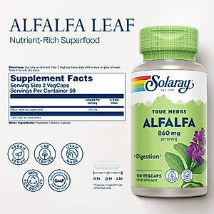 Solaray Alfalfa Leaf 860 mg, Alfalfa Capsules, Superfood with Naturally Occurring Vitamins, Minerals, and Fiber, Healthy Digestion Support, Vegan, 60-Day Guarantee, 50 Servings, 100 VegCaps