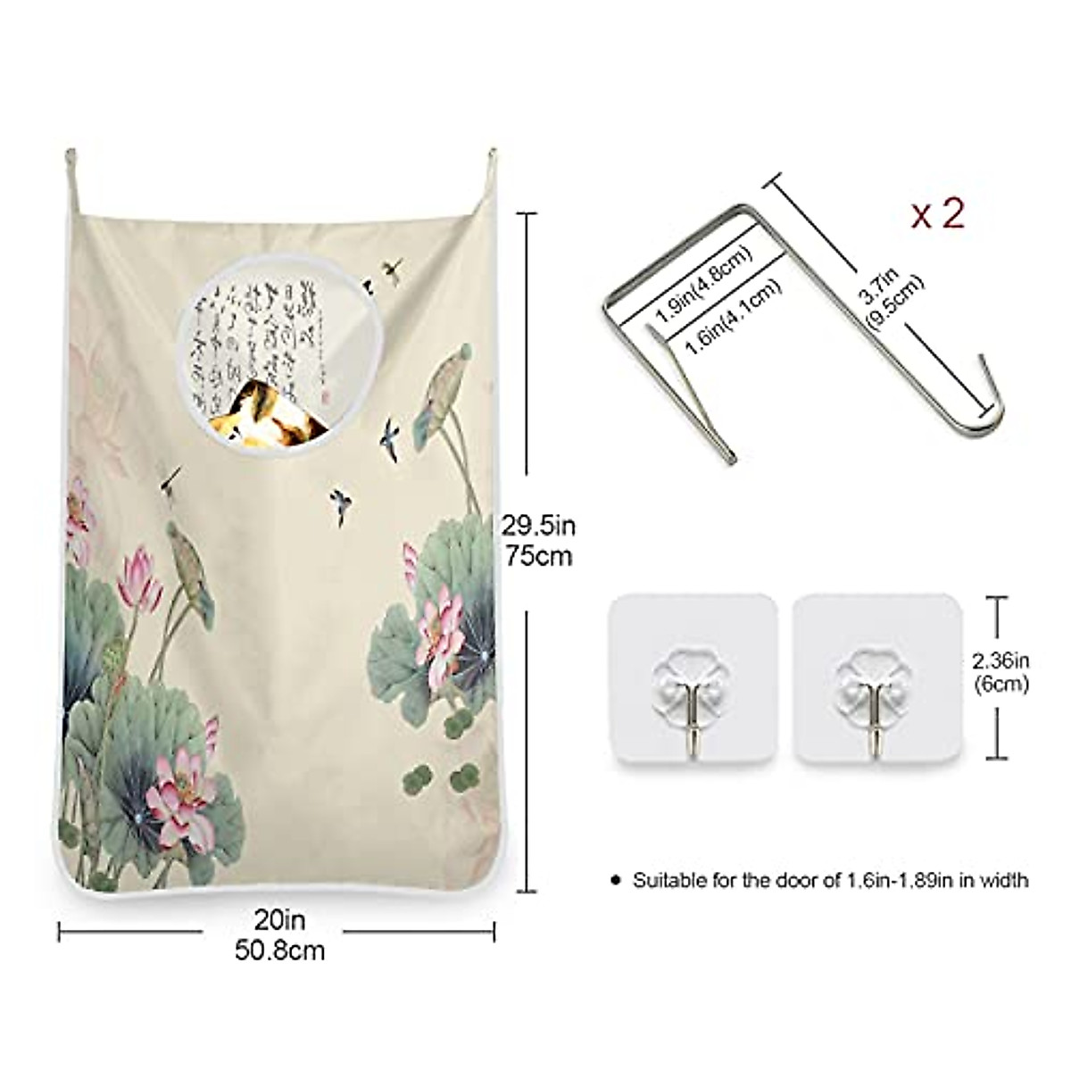 xigua Chinese Watercolor Style Lotus Hanging Laundry Hamper Bag, Hanging Laundry Basket for Holding Dirty Clothes, Space Saving Hanging Laundry Bag with Free Adjustable Steel & Suction Cup Hooks 1PCS