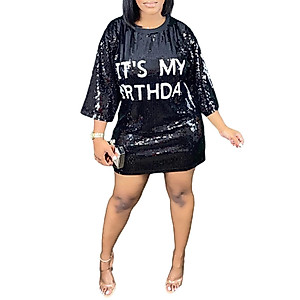 Fuiuwhs Its My Birthday Dress for Women Birthday Sequin Shirt Dress Crew Neck Glitter Top Dress Sexy Party Club Skirt Black XL