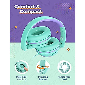 iClever 2 Pack Kids Headphones with Microphone - 94dB Safe Volume Limited - HS22 Wired Headphones for Kids Teens with Sharing Splitter, Tangle-Free Foldable Stereo Headset for School/Tablet/Travel