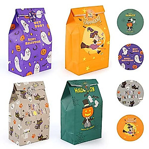 STARRKY Halloween Paper Candy Bags, 24PCS Halloween Goodie Bags Bulk Paper Gift Bags Halloween Treat Bags with Stickers for Kids Party Favor