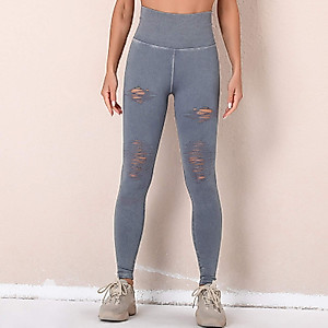 Bblulu Women's Hight Waisted Stretch Ripped Skinny Yoga Pants Solid Distressed Pants Non See Through Workout Running Tights