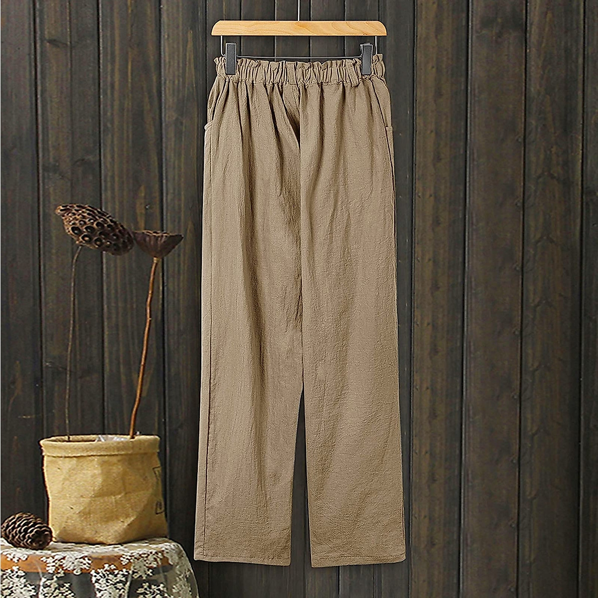 Leirke Womens Linen Buttons Cropped Pants High Elastic Waist with Pockets for Summer Casual Work Crop Pants Stretch Capris(Khaki,Medium)