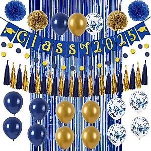 Graduation Party Decorations 2023-Blue and Gold Class of 2023 Banner Paper Pompoms, Congrats Grad Foil Fringe Curtain Backdrop and Senior Graduation Party Balloons Decorations Supplies