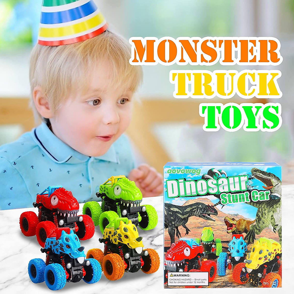 aovowog Monster Truck for Boys, 4 Pack Pull Back Cars, Friction Powered Cars for Kids, Dinosaur Truck Toys for 3 4 5 6 Year Old Boys - Christmas Birthday Party Gift for Kids