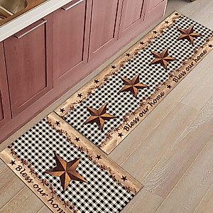 CHARMHOME 2 Pieces Kitchen Rugs and Mats Set Western Texas Star and Primitive Berries Country Wooden Plank Non-Slip Kitchen Mat Washable Doormat Runner Set(15.7"x23.6"+15.7"x47.2")