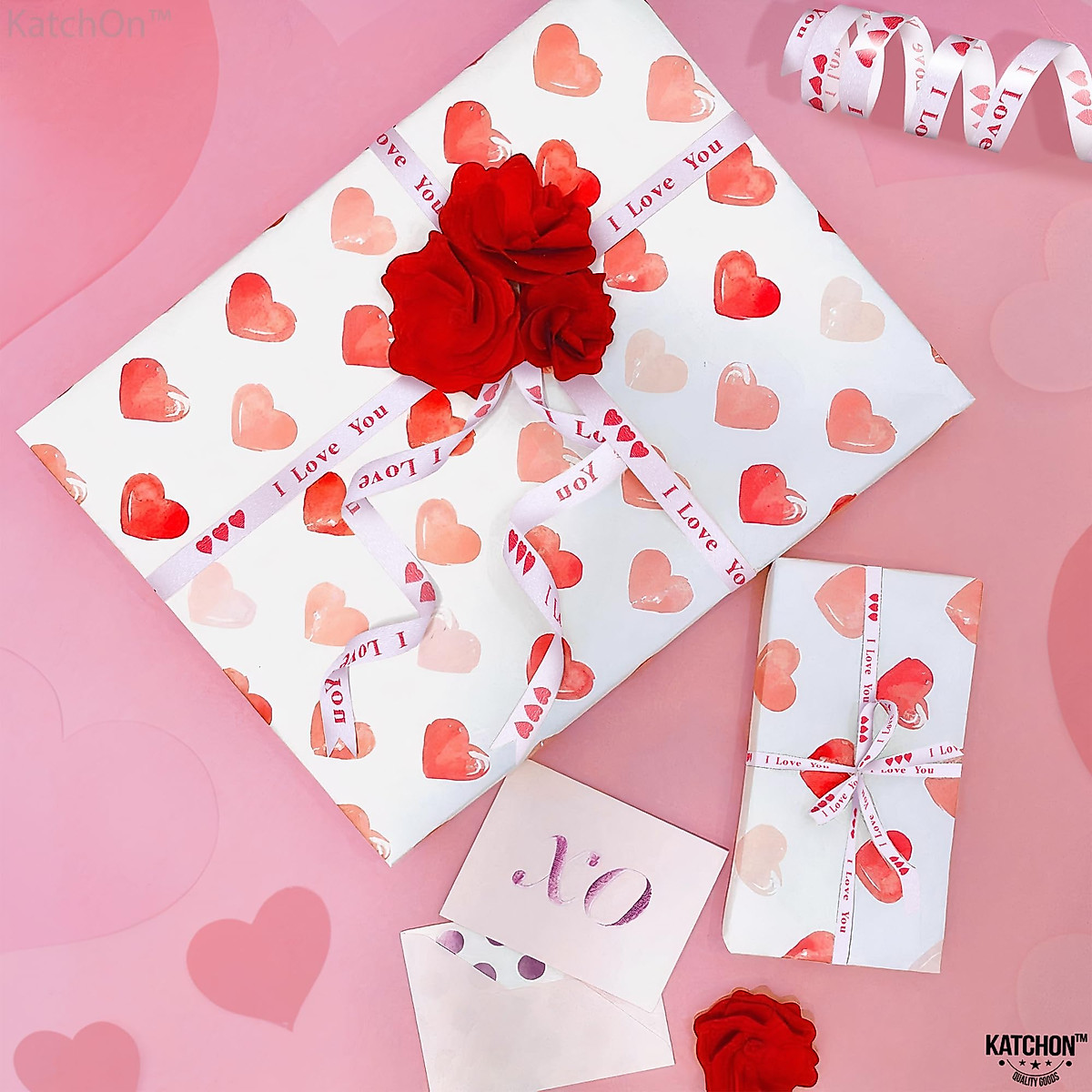Valentine I Love You Ribbon Roll - 100 Yards, Red Heart Ribbon Wired | Red and White Valentine Ribbon for Gift Wrapping | Hearts Print Valentines Ribbon for Flower Crafts | Valentine Curling Ribbon