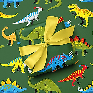 WRAPAHOLIC Dinosaur Wrapping Paper Roll - Mini Roll - 17 Inch x 9.8 Feet - Green Dinosaur Design, Perfect for Girl Kids Boy Birthday, Baby Shower, Party, Holiday