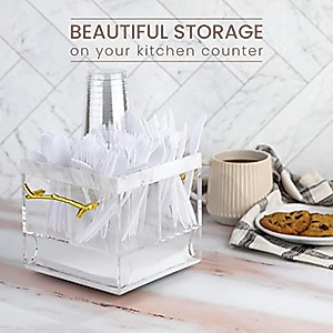 ELTOW Utensil Holder for Party, Silverware Caddy with Handle, Swivel, Lucite Acrylic Organizer for Spoons, Forks, Knives, Napkins, Elegant Cutlery Utensil Caddy for Parties, Home, Kitchen, Office