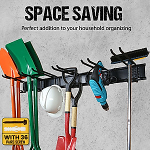 Gardi Beast Wall mount Tool Storage Rack - Heavy Duty Garden Tool Organizer, Garage Organization Hold Up to 350lbs - with 6 Double Layer Wall Hooks and 16"x3 Rails (48 inch total) Glove & Straps Black