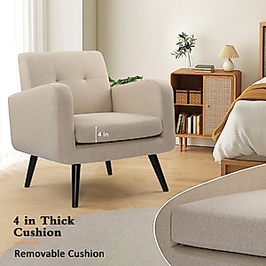 LSSPAID Modern Accent Chairs, Upholstered Fabric Cozy Armchairs, Living Room Side Chair with Solid Wood Legs, Beige