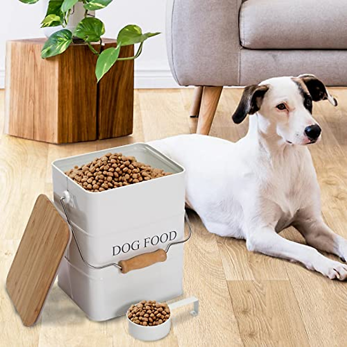 Brabtod Dog Food storage container Dog Treats Jar, Metal food treats tin for Dog, pet snacks Canisters with wooden lid/handle/sevice scoop,hold 5-6 lbs