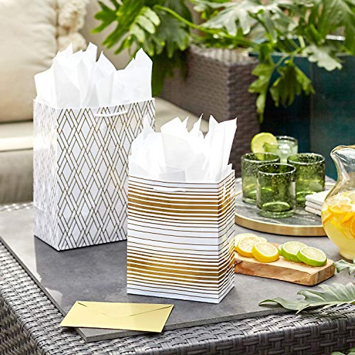 Hallmark Gold Gift Bag Assortment - Diamonds, Stripes, Dots (Pack of 6: 2 Medium 9", 2 Large 11", 2 Extra Large 14") for Chrsitmas, Hanukkah, Graduations, Birthdays, Weddings, Bridal Showers