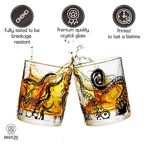 Greenline Goods Whiskey Glasses - 10 Oz Tumbler Gift Set – Kraken Whiskey Glasses (Set of 2) | Rocks Glass Octopus Decor | Old Fashioned Rocks Glasses