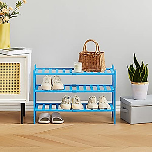 Quiqear Bamboo Shoe Rack, 3 Tier Shoe Rack Organizer, Stackable & Durable Shoe Shelf Holder, Free Standing Shoe Racks, Shoe Storage Organizer for Entryway, Closet, Hallway, 27.2*11*18.3inch (Blue)