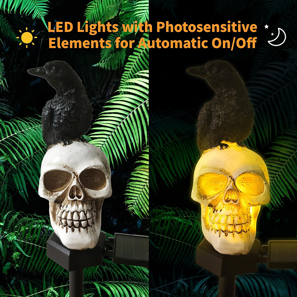QH Garden Halloween Outdoor Decoration - Solar Lights, Waterproof Ghost & Skull Lights with Black Crow, Skeleton Stakes with LED, Stunning Decorations