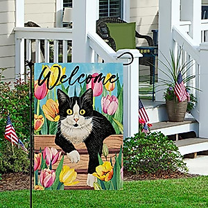 CMEGKE Spring Garden Flag, Spring Cat Garden Flag, Tulip Spring Summer Vertical Double Sided Burlap Welcome Black Cat Floral Holiday Party Rustic Farmhouse Yard Home Outdoor Decoration 12.5 x 18 In