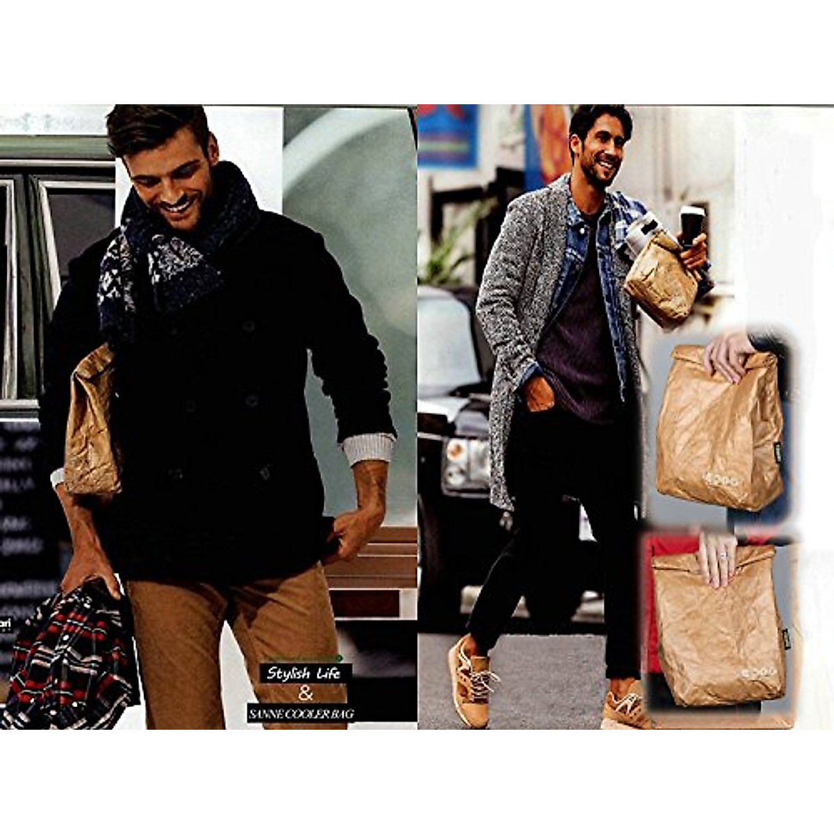 Hangnuo 2 Pack Insulated Brown Paper Lunch Bags Reusable, Retro Lunch Sacks for Adults Work Office, Brown Paper - 10" x 8" x 4.3"