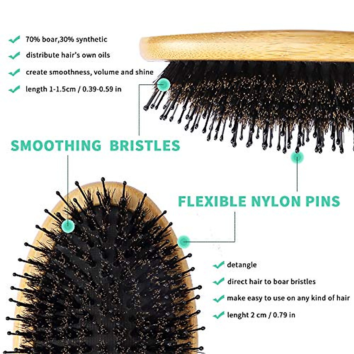 Natural Boar Bristle Wooden Bamboo Paddle Brush - Best Detangler for Women & Men's Curly and Thick Hair, Anti-Static, Reduces Hair Breakage