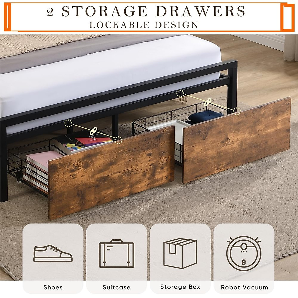 Anwick Queen Bed Frame with Storage Headboard and 2 Drawers, LED Lights Bed with Charging Station, Metal Platform, Non-Slip Without Noise, Metal Slats Support, No Box Spring Needed (Brown, Queen)