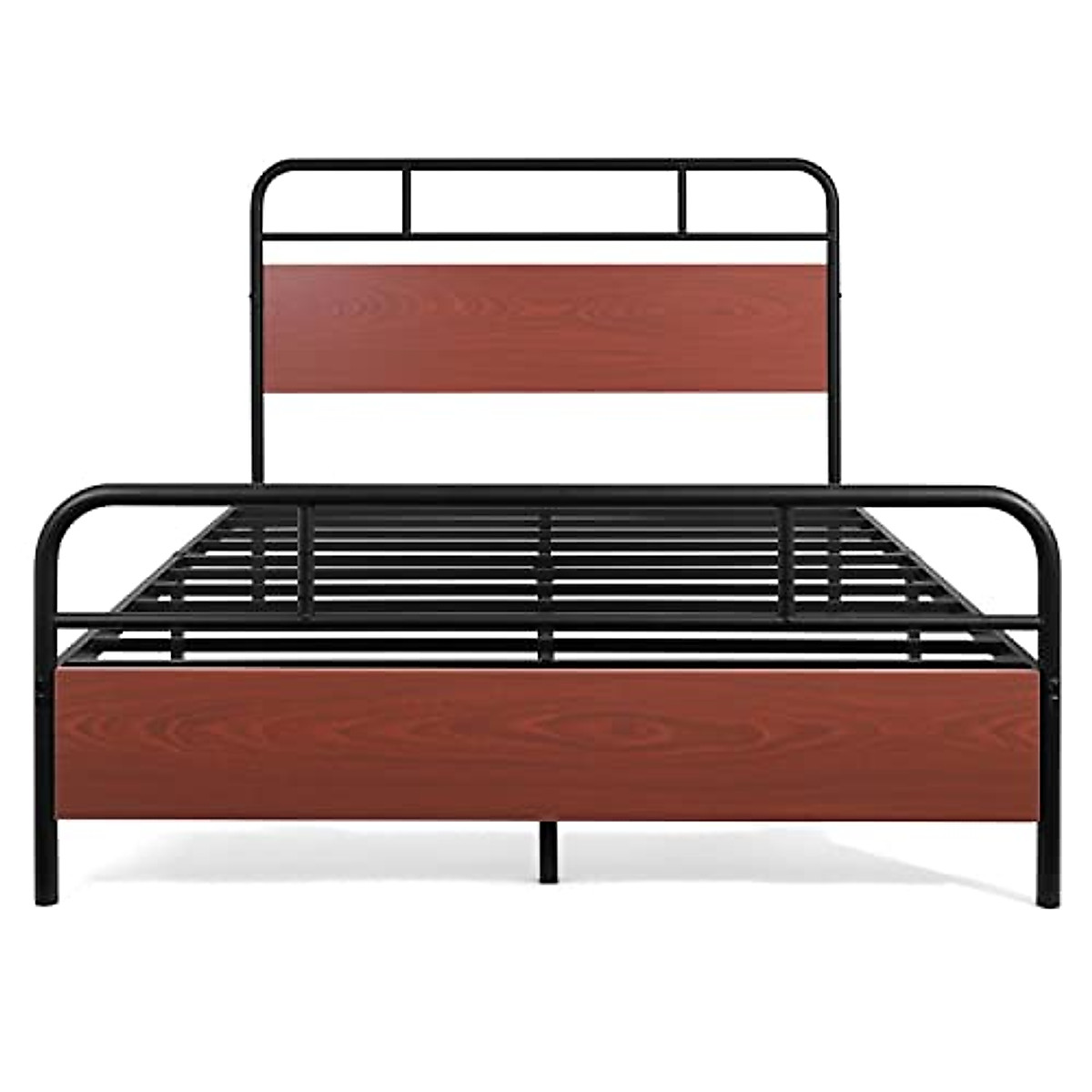 CAPHAUS Round Corner Metal Bed Frame with Modern Wood Headboard and Footboard, Mattress Foundation, Metal Platform Bed with Premium Steel Frame, Noise-Free, No Box Spring Needed, Full Size, Walnut