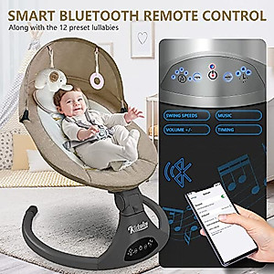 Bluetooth Baby Swing for Infants, 5 Speed Bluetooth Baby Bouncer Music Speaker with 12 Preset Lullabies, Remote Control Indoor Baby Rocker with Touch Screen Chair for 5-20 lb, 0-9 Months (Khaki)