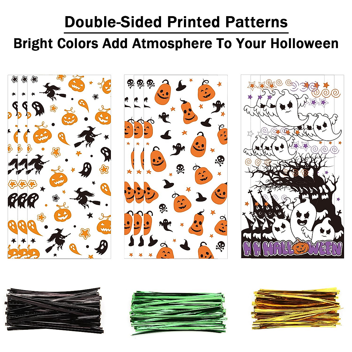 LOMIMOS 150PCS Halloween Cellophane Candy Bags, Clear Plastic Treat bags with 300PCS Twist Ties for Snacks cookies Gift Supplies