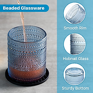 DmmyAlzx Hobnail Drinking Glasses Set of 12 Count, Vintage Glassware, Old Fashioned Glasses, 6 Highball Bubble Glasses Drinking 15 oz, 6 Rocks Glass Cup 14.5 oz with 12 Silicone Coasters, Blue