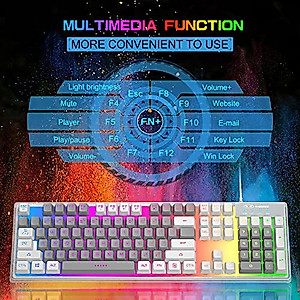 MageGee Gaming Keyboard, Rainbow Backlit LED Wired Gaming Keyboard with Clear Housing and Double-Shot Keycaps, K1 Waterproof Ergonomic 104 Keys Light Up Keyboard for PC Desktop Laptop, White & Gray