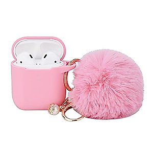 Pink Case for Women Cute Case Designed for AirPods Cover with Pom pom, Silicone Protective Keychain Case Compatible with AirPods 1/2, Accessories Keychain and Pom pom(Pink)